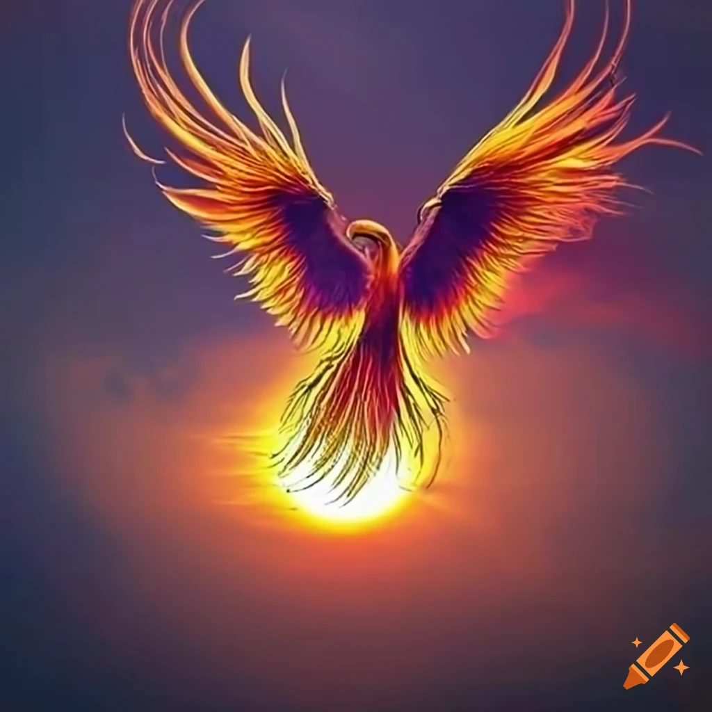 Powerful phoenix rising from the sun in beautiful vivid colors on Craiyon