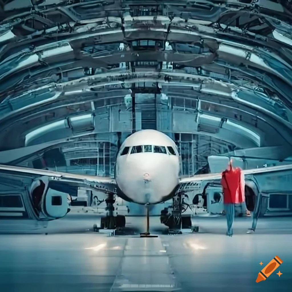 People cleaning a modern airplane in a high-tech hangar on Craiyon