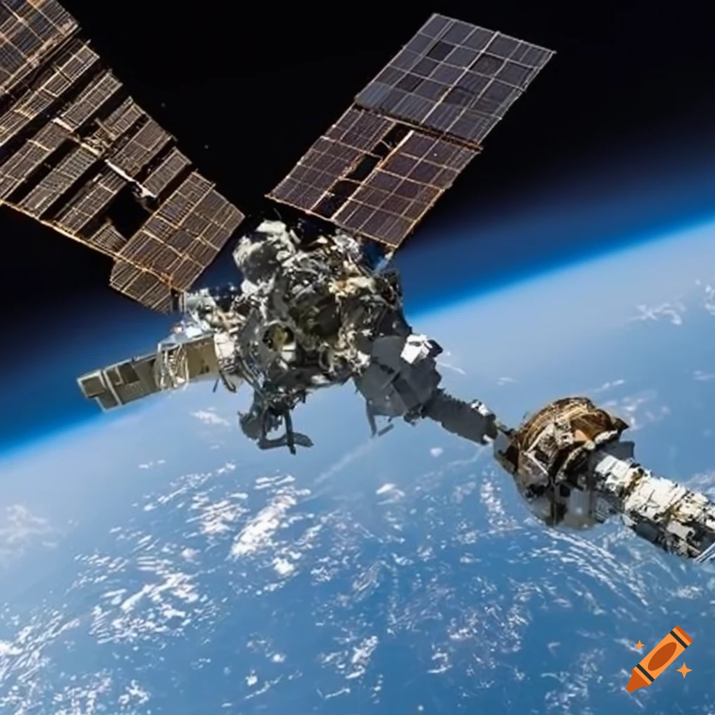 Busy space station market with spaceships and satellites in orbit