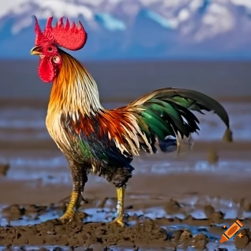 A rooster with its feet in the mud. behind it, snow-capped mountains on ...