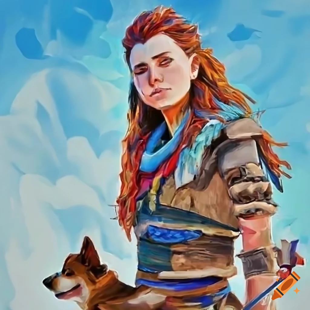 Front full body portrait, aloy with a dog, horizon, happy smile, face ...