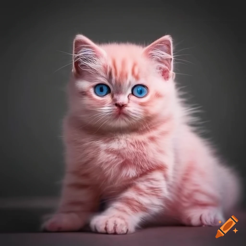 Portrait of fluffy pink kitten with blue eyes