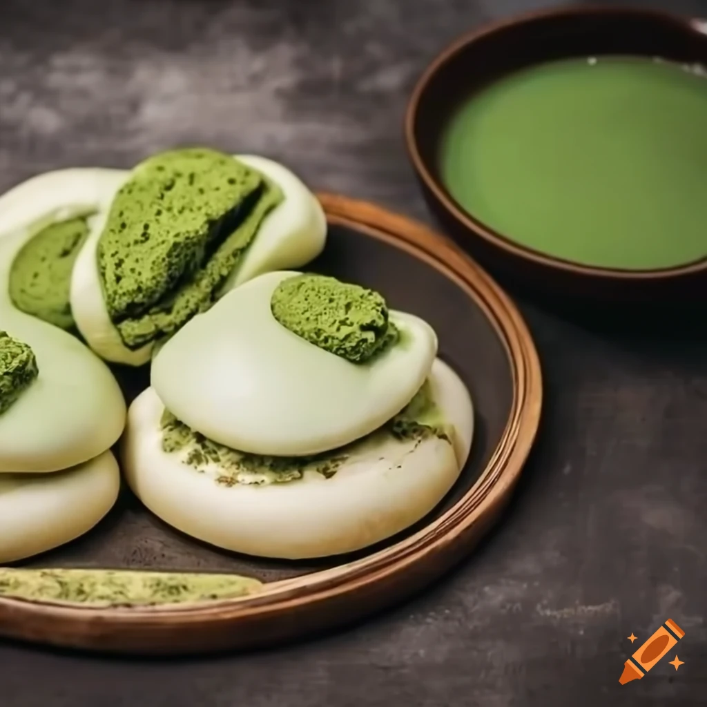Photograph of green tea matcha steamed bao bun. ripped in half to ...