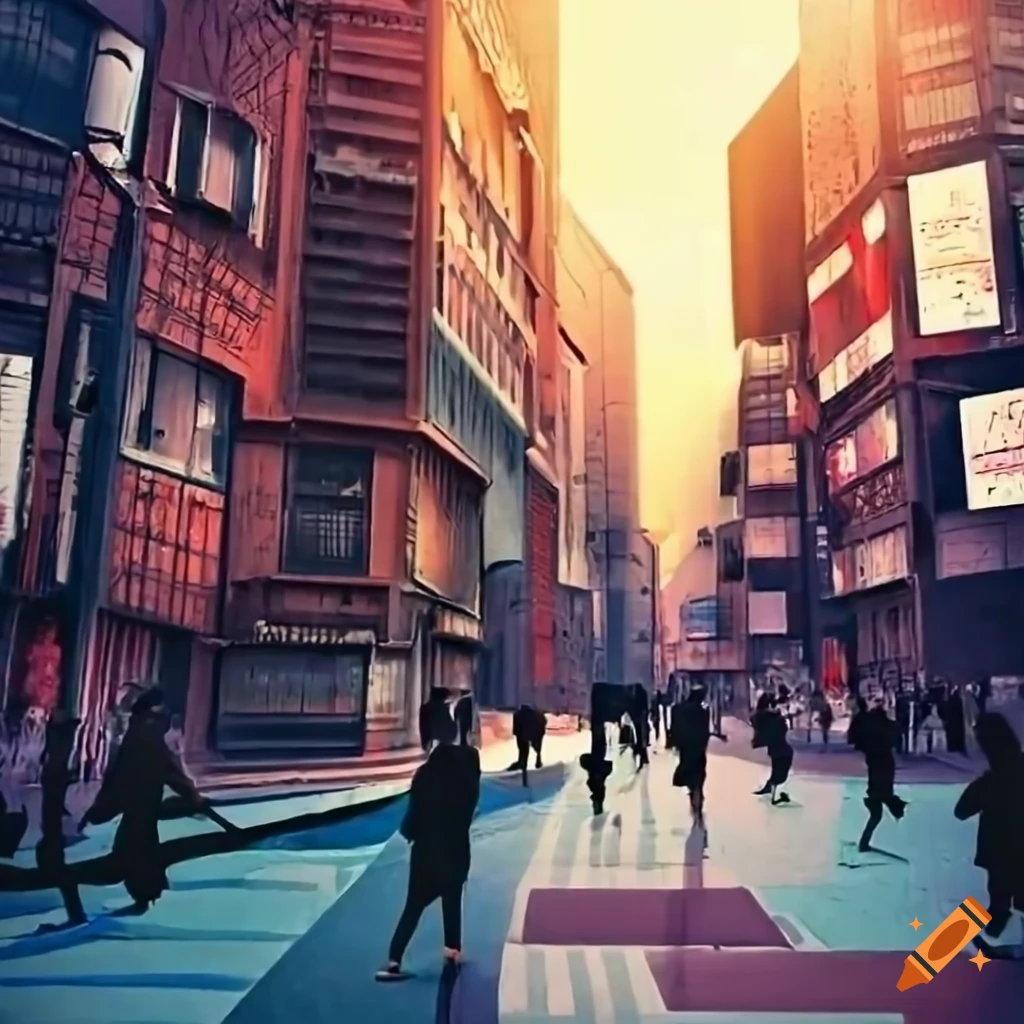 Shibuya crossing lithography school big brick house behind