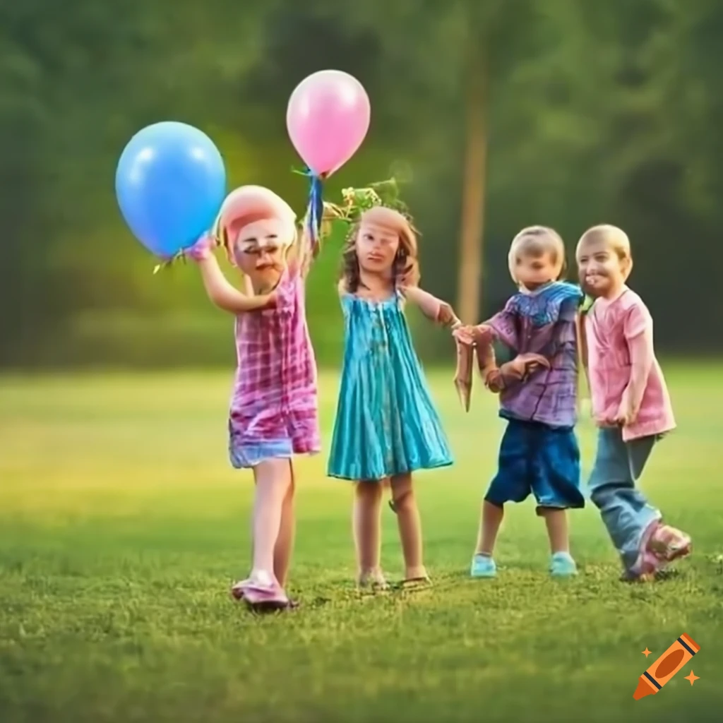 Four children playing in a park with balloons without background on Craiyon