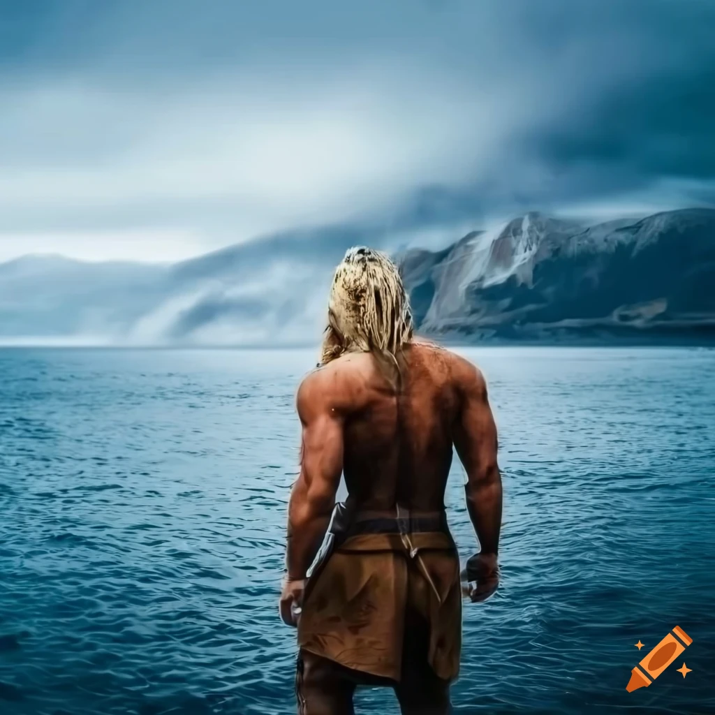 Back view of blond viking man long hair muscle shoulders wearing eagle ...