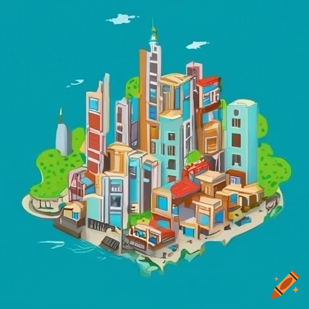Playful city map illustration with unique cartoon buildings top down