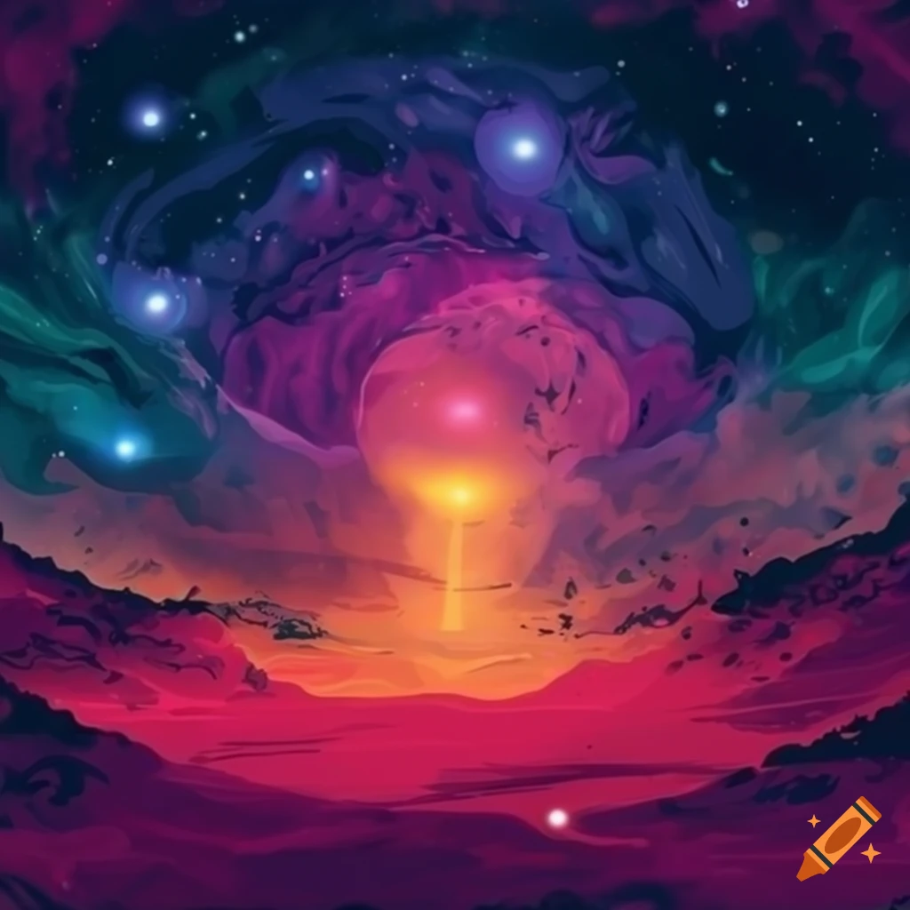 Highly detailed vector drawing of an alien world landscape with a large ...