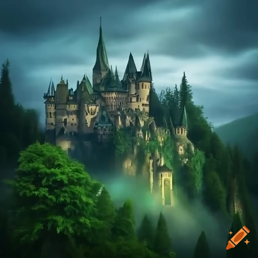 A beautiful castle surrounded by a small village and green trees