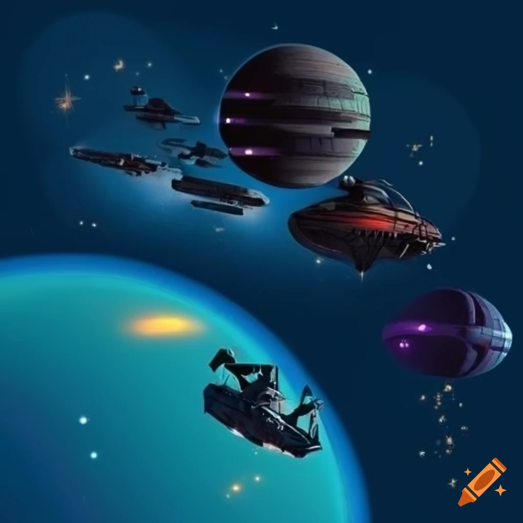 1960's style science fiction alien planet outpost with space ships blue ...