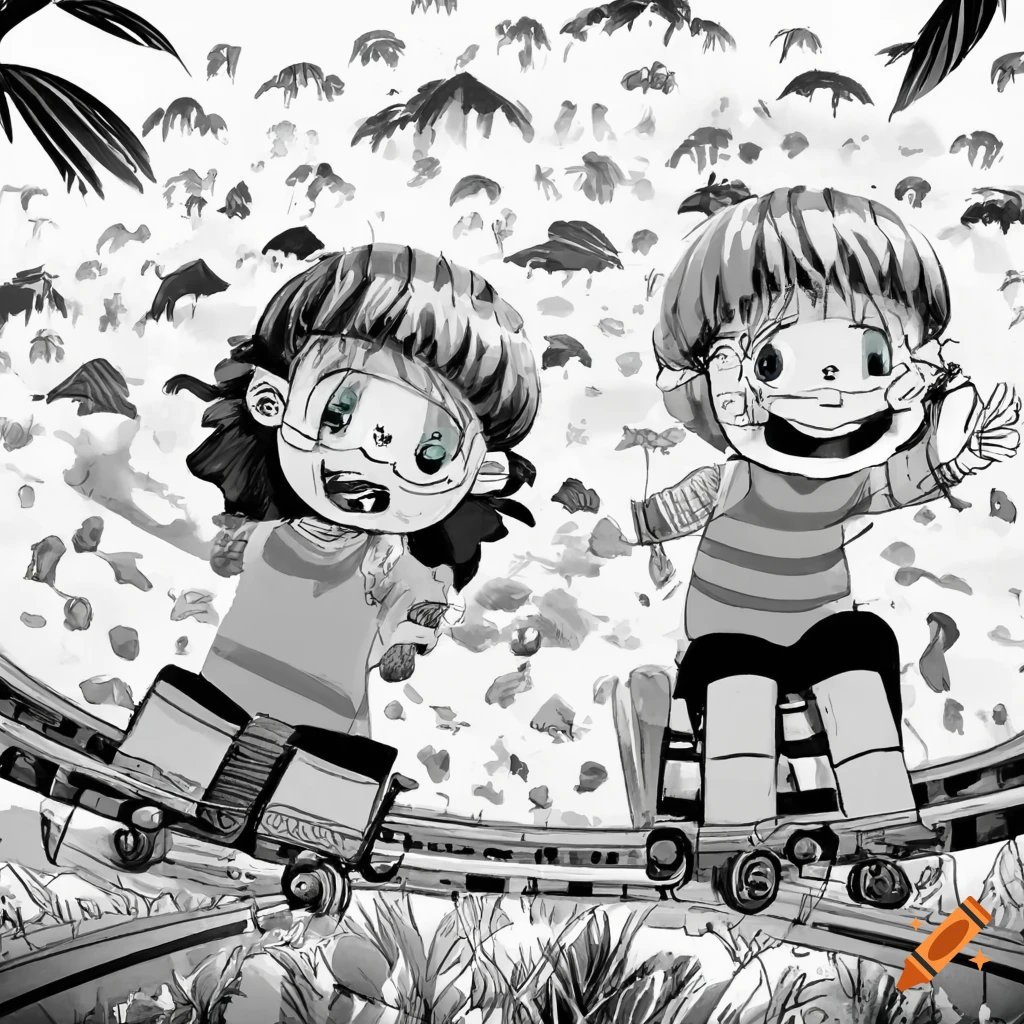 Group of joyful children riding a train in the countryside