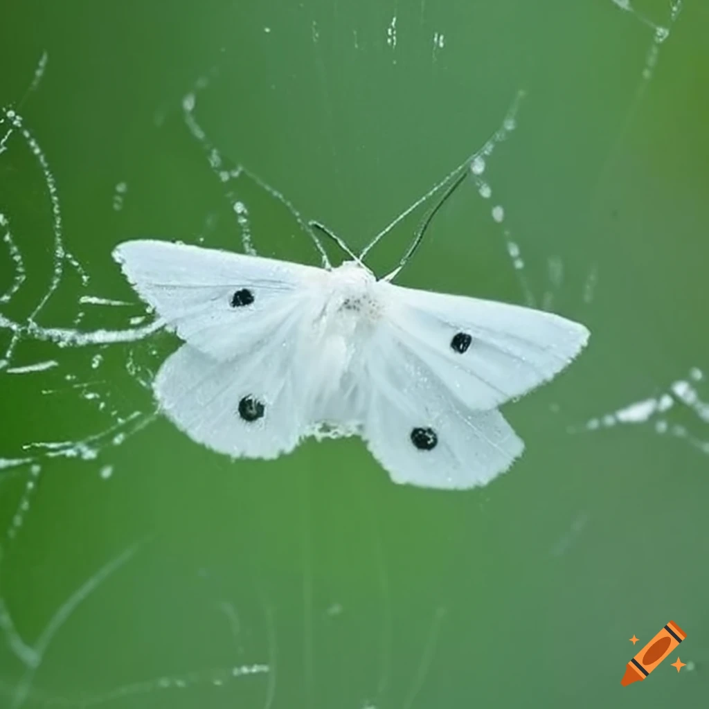 Snow white moth on spider web