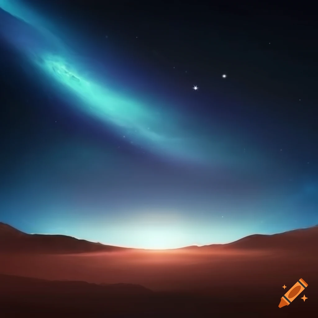 Realistic landscape drawing on the surface of an alien planet at dusk ...