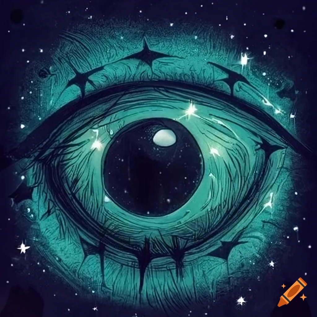 Detailed drawing of a manga style alien eye surrounded by stars on Craiyon