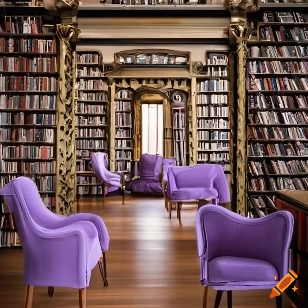 Library in shades of lilac, lavender, olive green on Craiyon