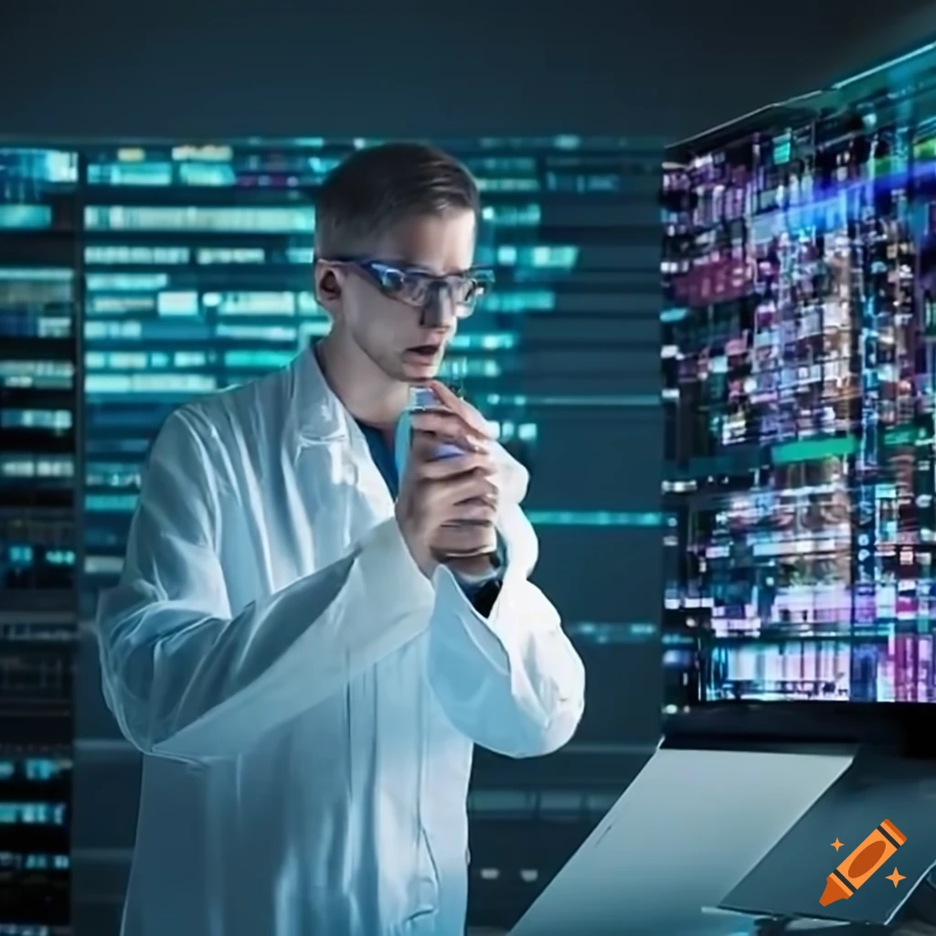 An adult male scientist analyzing digital data on his screen for a research project on Craiyon