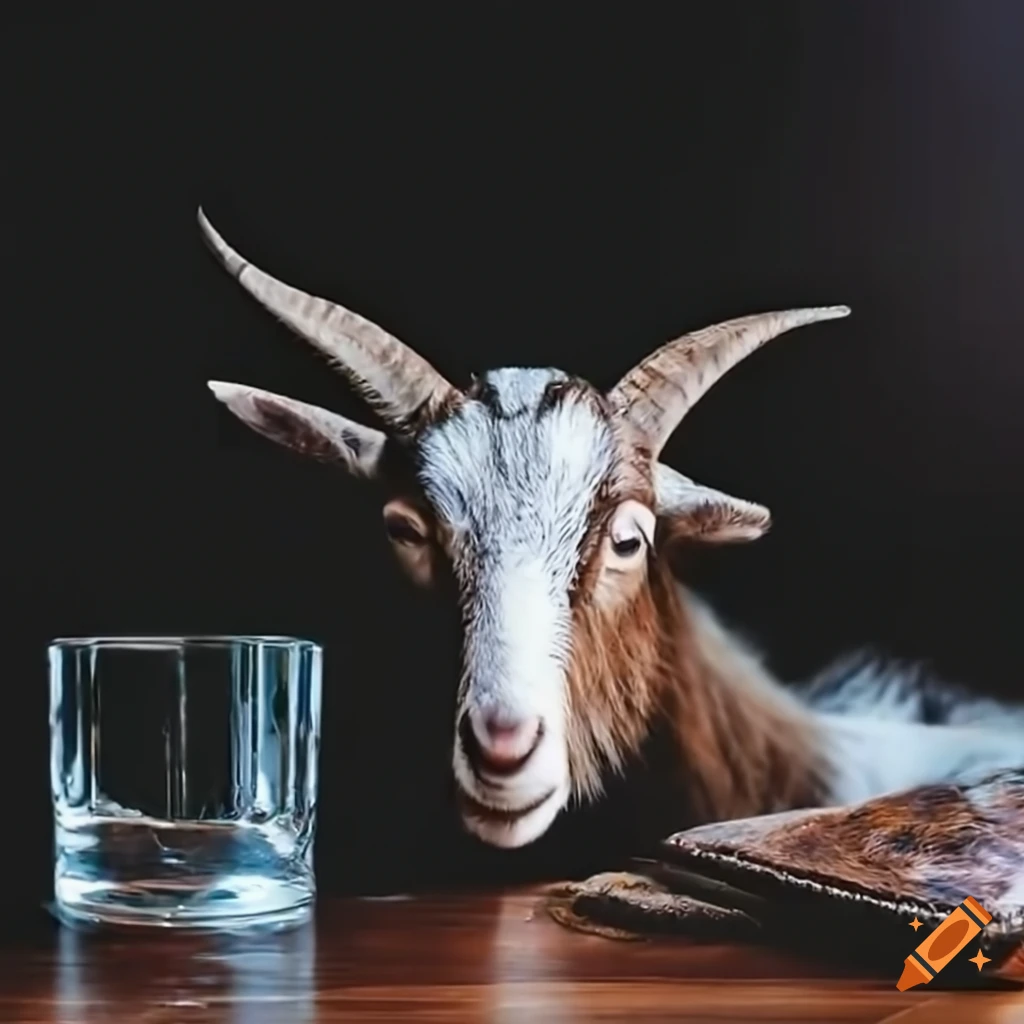 Goat in front of a glass of water in an office