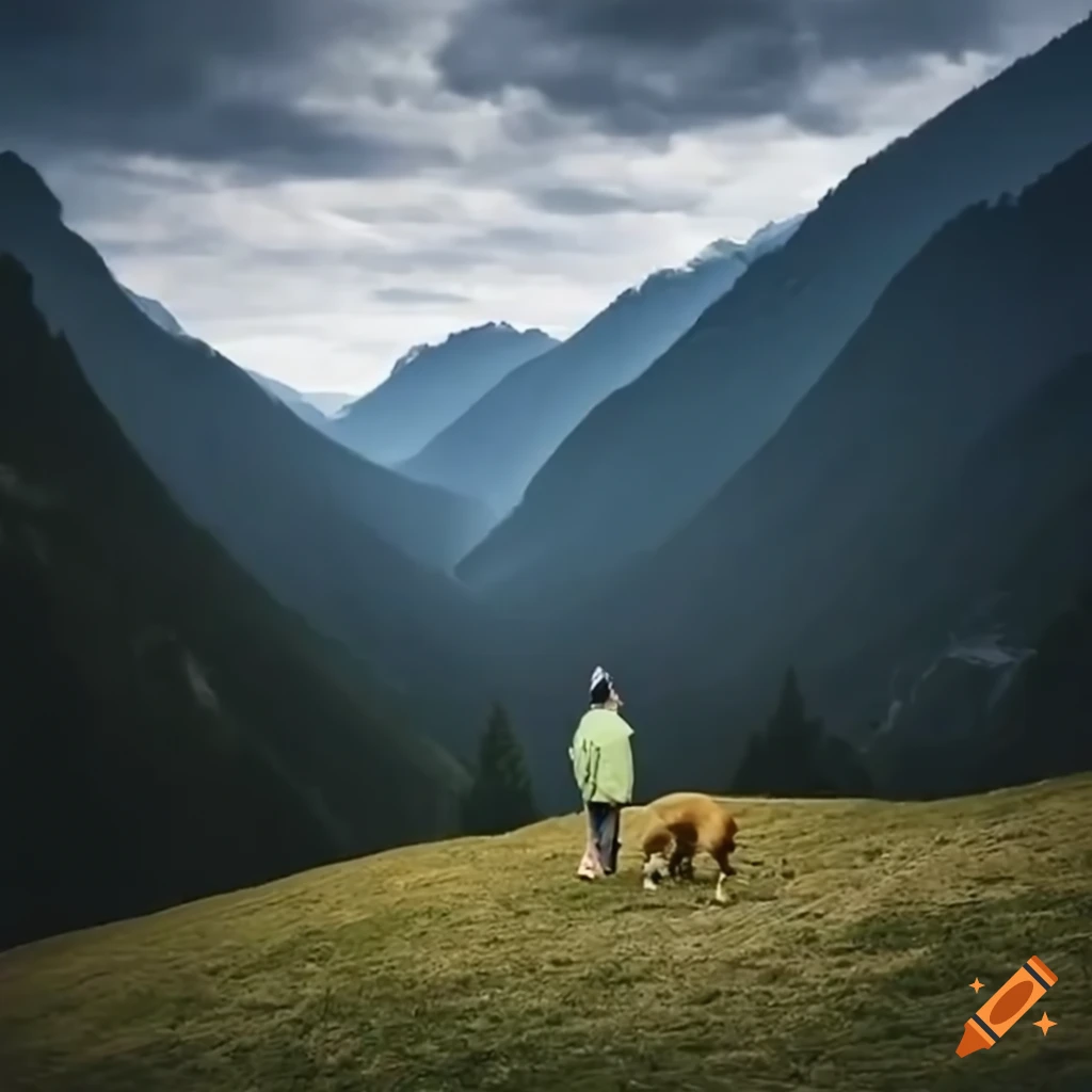 Man and dog on the moutain see the beautiful landscape on Craiyon