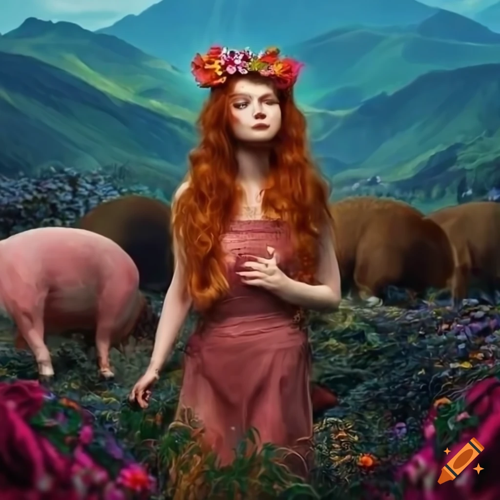 Woman with long wavy red hair and flower crown in foreground , leading ...