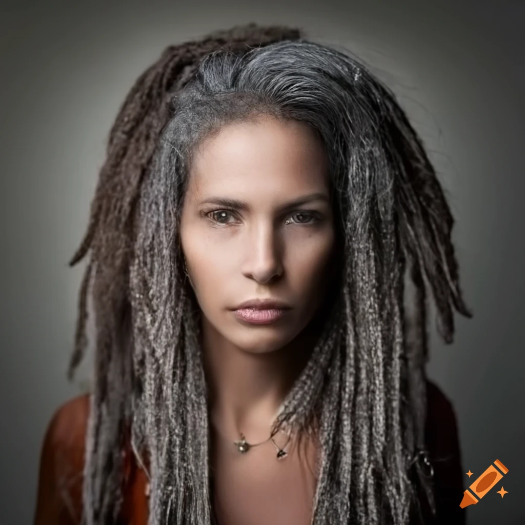 A gray woman with angular face brown hair and rasta hairstyle on Craiyon