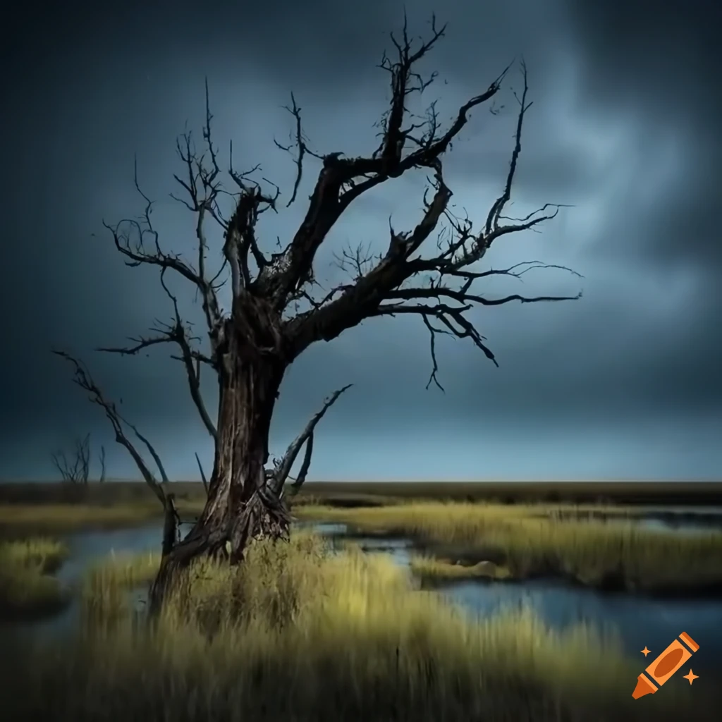 Old broken trees growing on dark wild floodplains and marshes dark ...