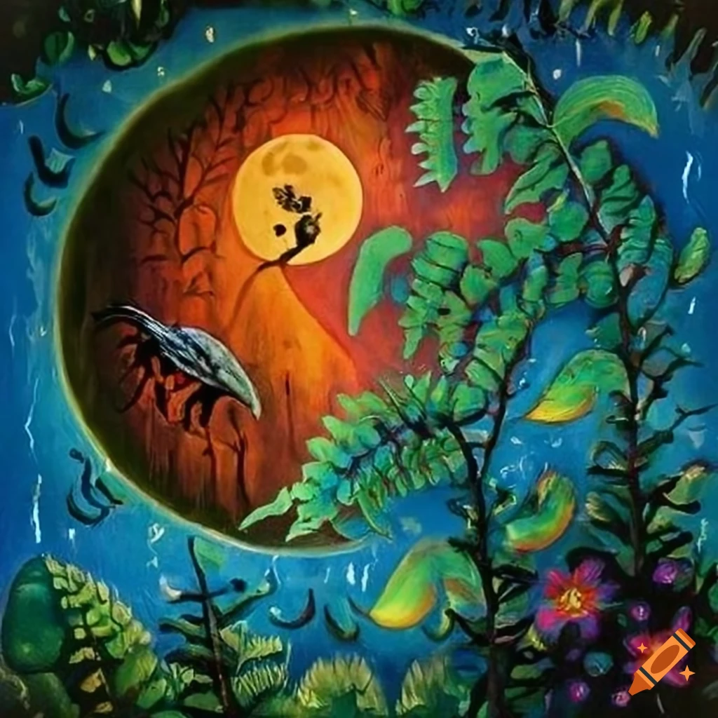 Night, moon, stars, lightning, rainstorm, flowers, ferns, vines, jungle ...