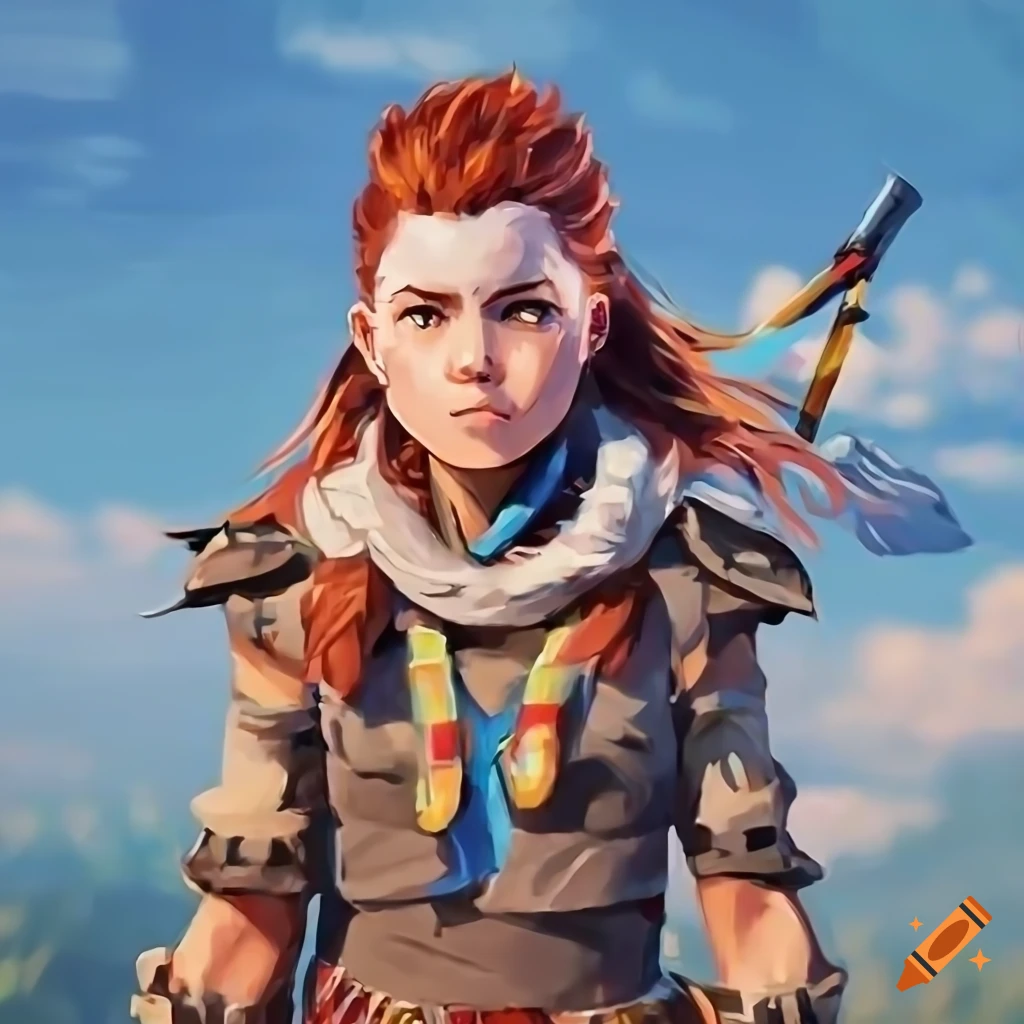 Front full body portrait, aloy with a dog, horizon, happy smile, face ...