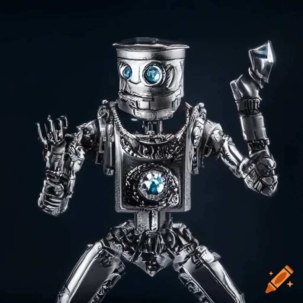 Silver Robot playing 'dungeons and dragons' throwing dice on Craiyon