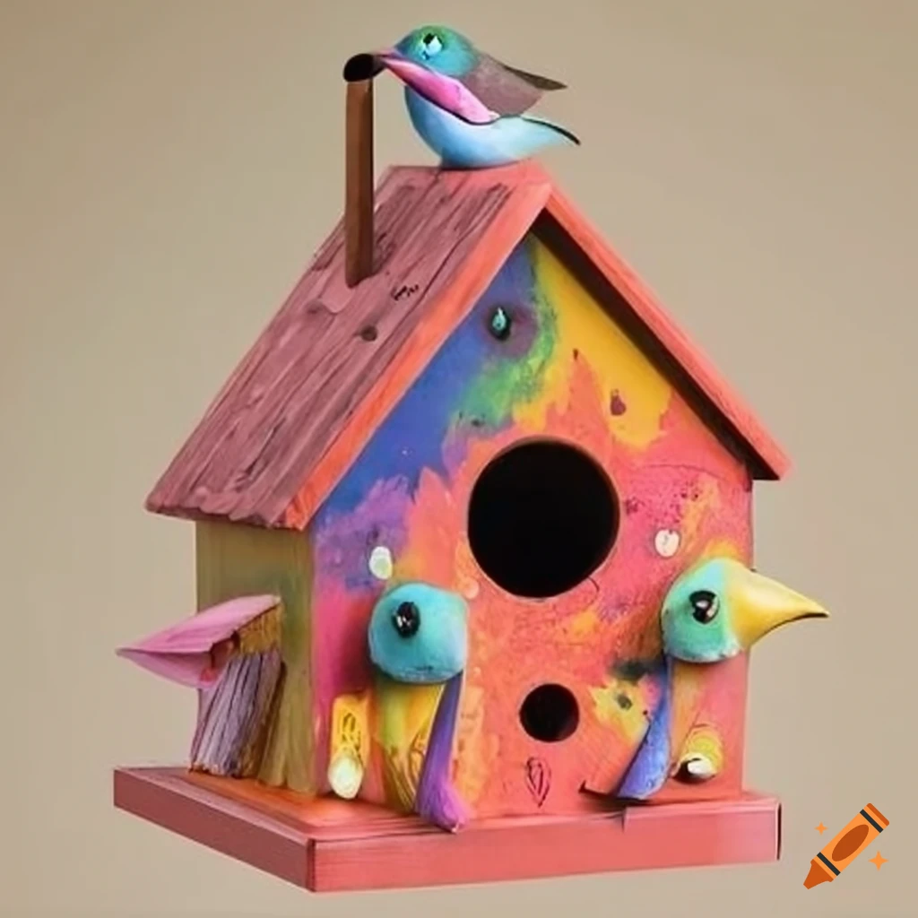 A whimsical birdhouse with a family of colorful birds inside