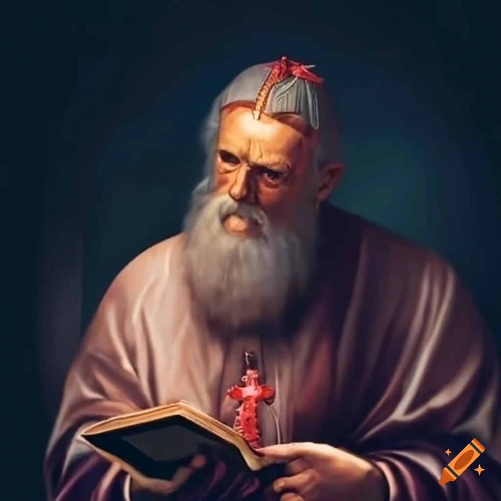 Close-up of a bishop in prayer, holding a bible