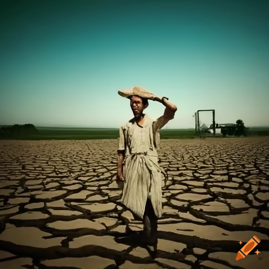 Farmer in a barren land with green land and a factory in the background ...