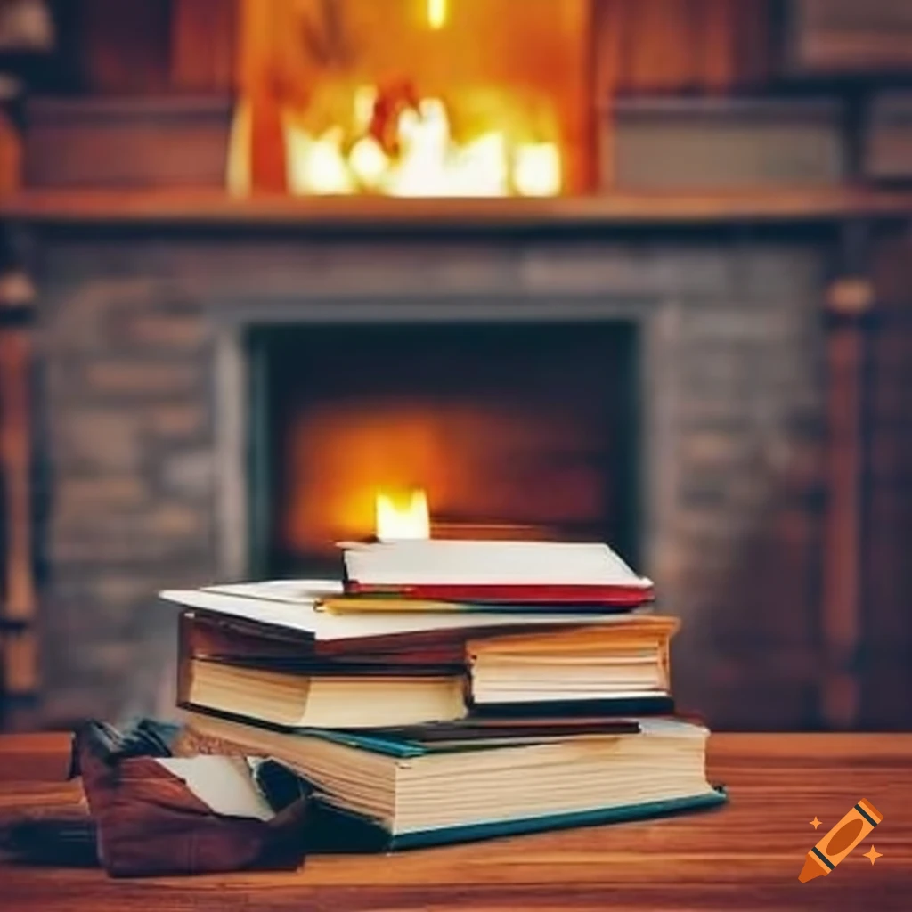 Books in a cozy library with a fireplace