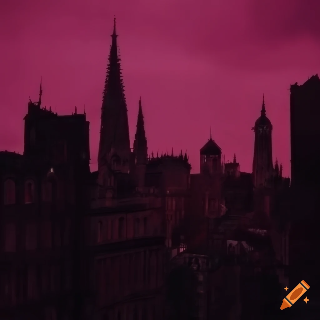 Gothic cityscape with dark red sky on Craiyon