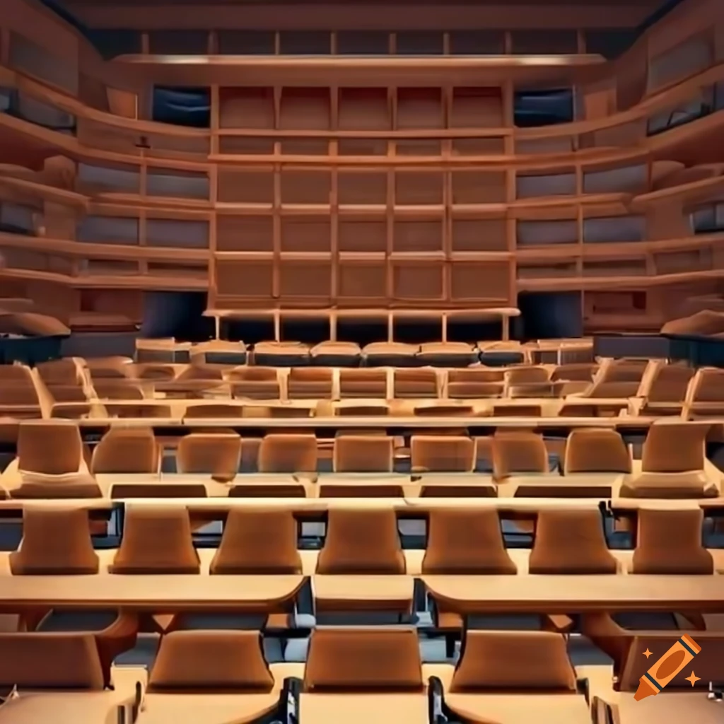 Lecture hall with wooden seats and modern technology