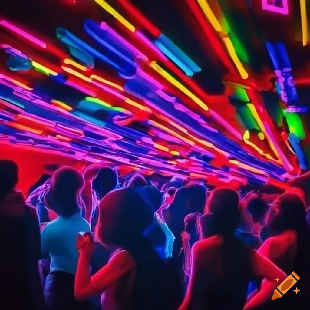 Crowd dancing under vibrant neon illumination