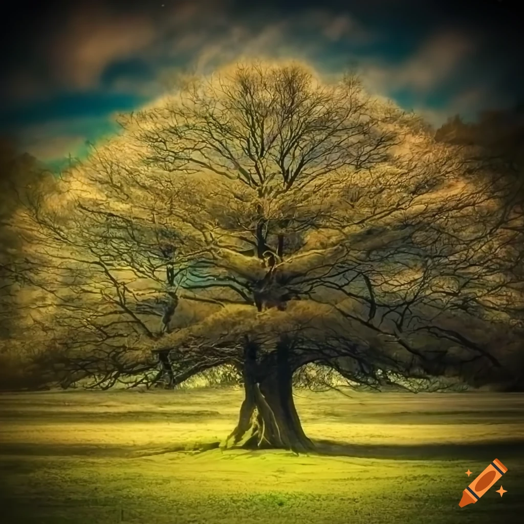 I want you to create huge tree with 3 main branch in the hills scenery ...