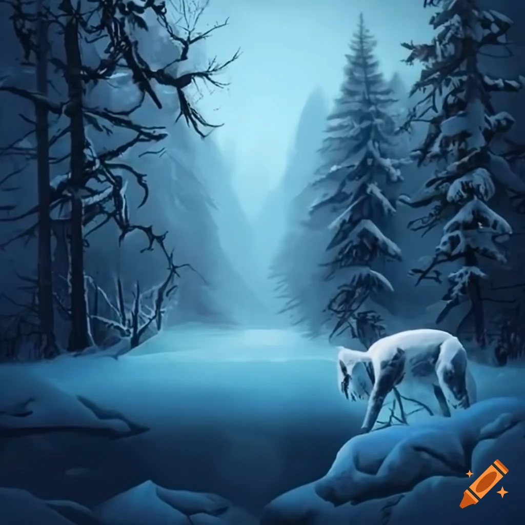 Snowy forest landscape, magical animals