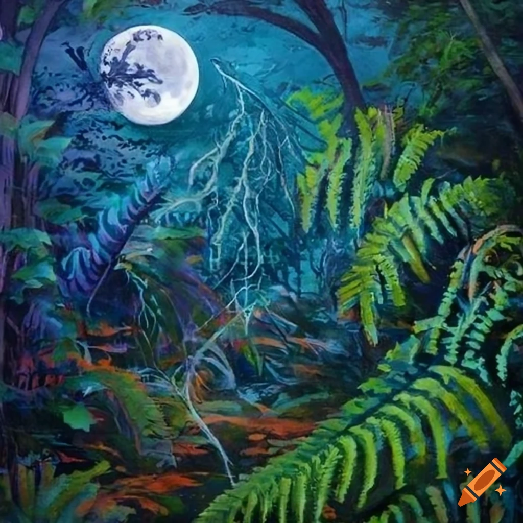 Night, moon, stars, lightning, rainstorm, flowers, ferns, vines, jungle ...