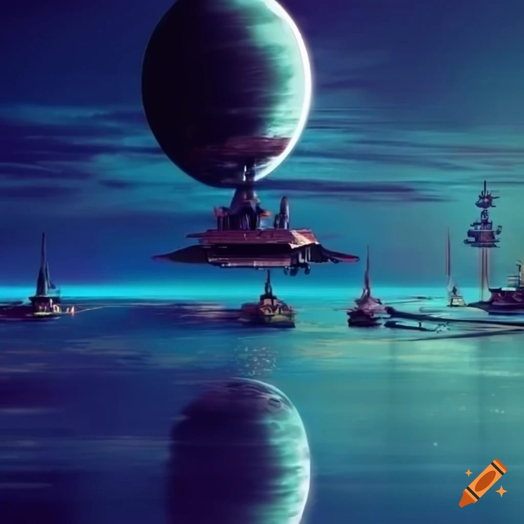 1960's style science fiction alien planet outpost with space ships blue ...