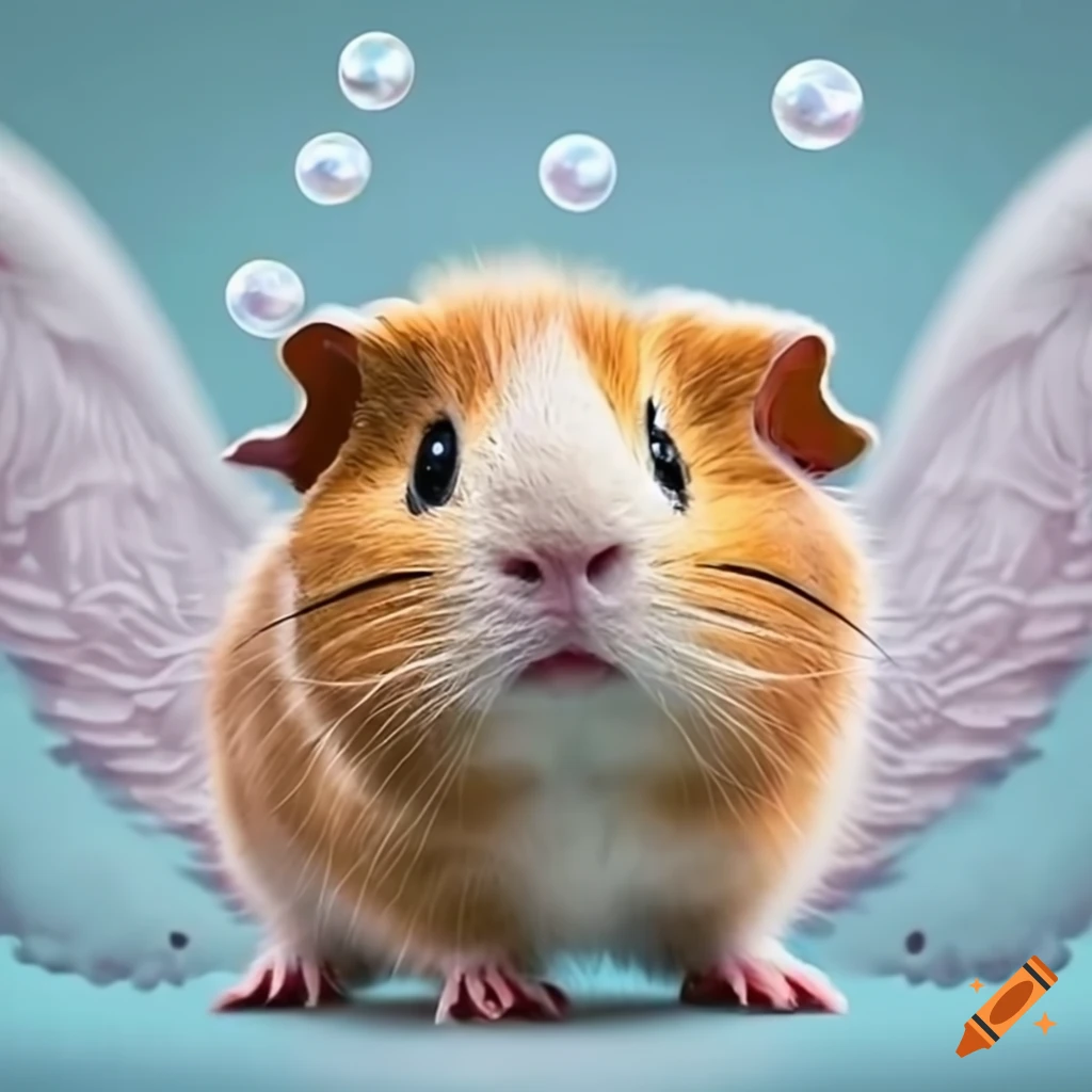 A guinea pig with angel wings levitating and dream bubble