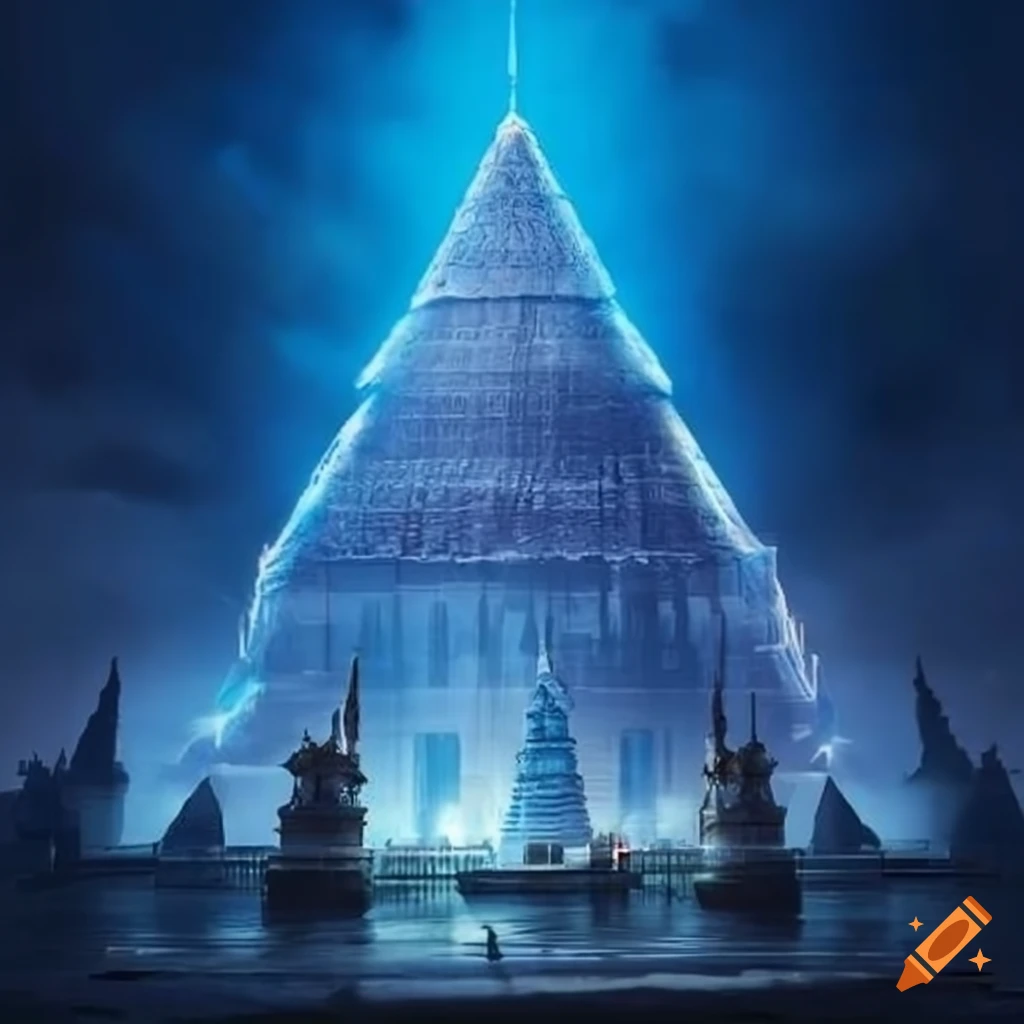 Blue pyramid building in a fantasy enviornment city on Craiyon