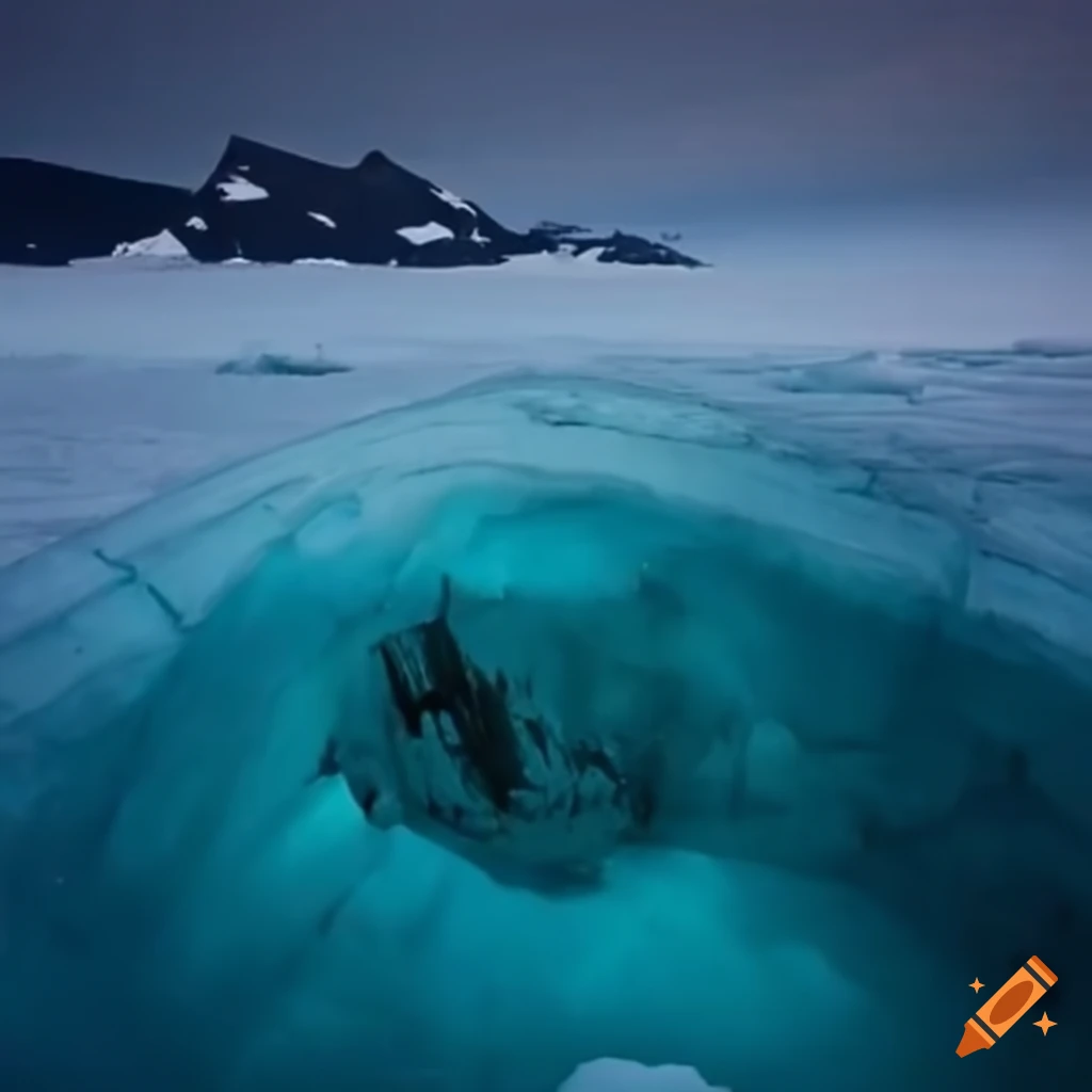 Ancient wooden shipwreck in ice crevasse, polar region on Craiyon
