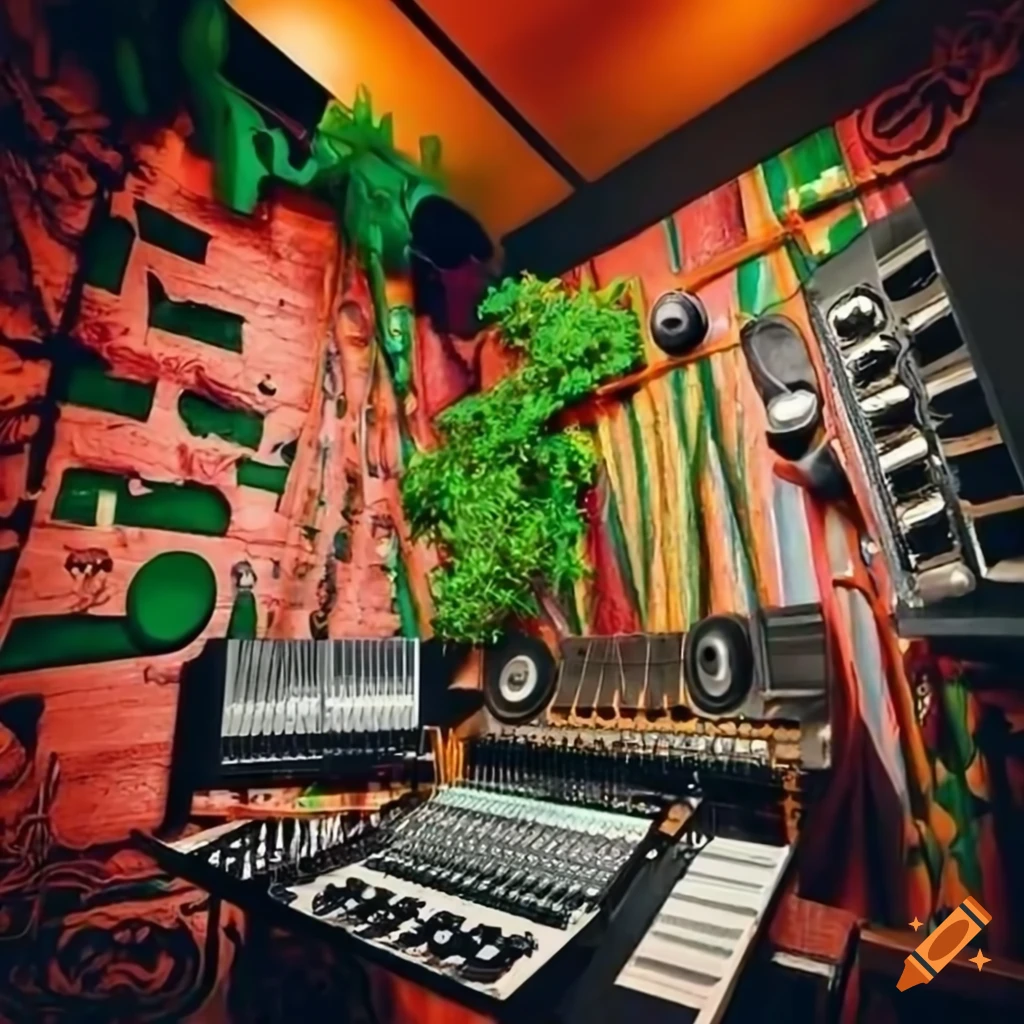 Studio for recording roots reggae music, decorated with plants on the ...