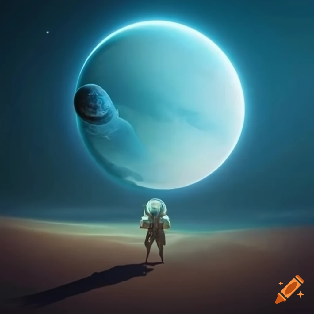 A space traveler landing on a beautiful alien planet beach at night on ...