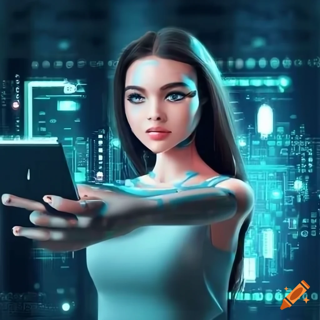 Cute feminine ai woman standing in cyberworld