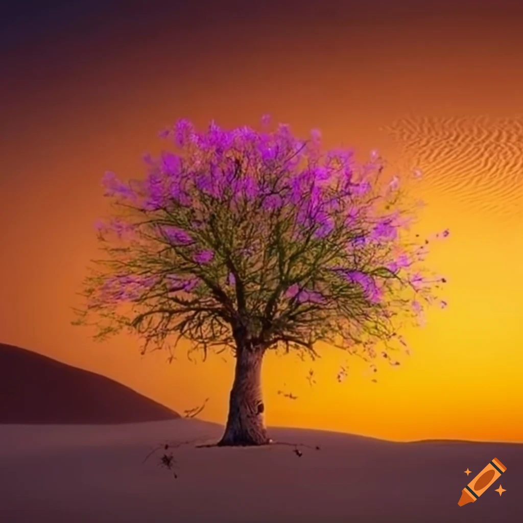 A tree with beautiful magical flowers in the desert on Craiyon