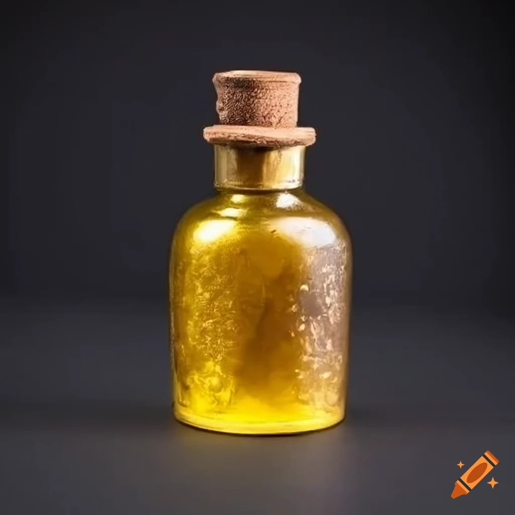 An alchemist's mysterious potion in a golden flacon on a black ...
