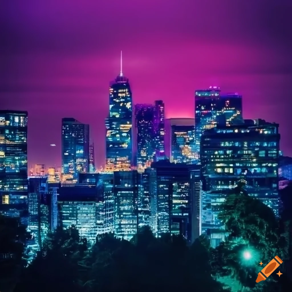 Wide shot of a colorful illuminated city at night in the middle of a ...