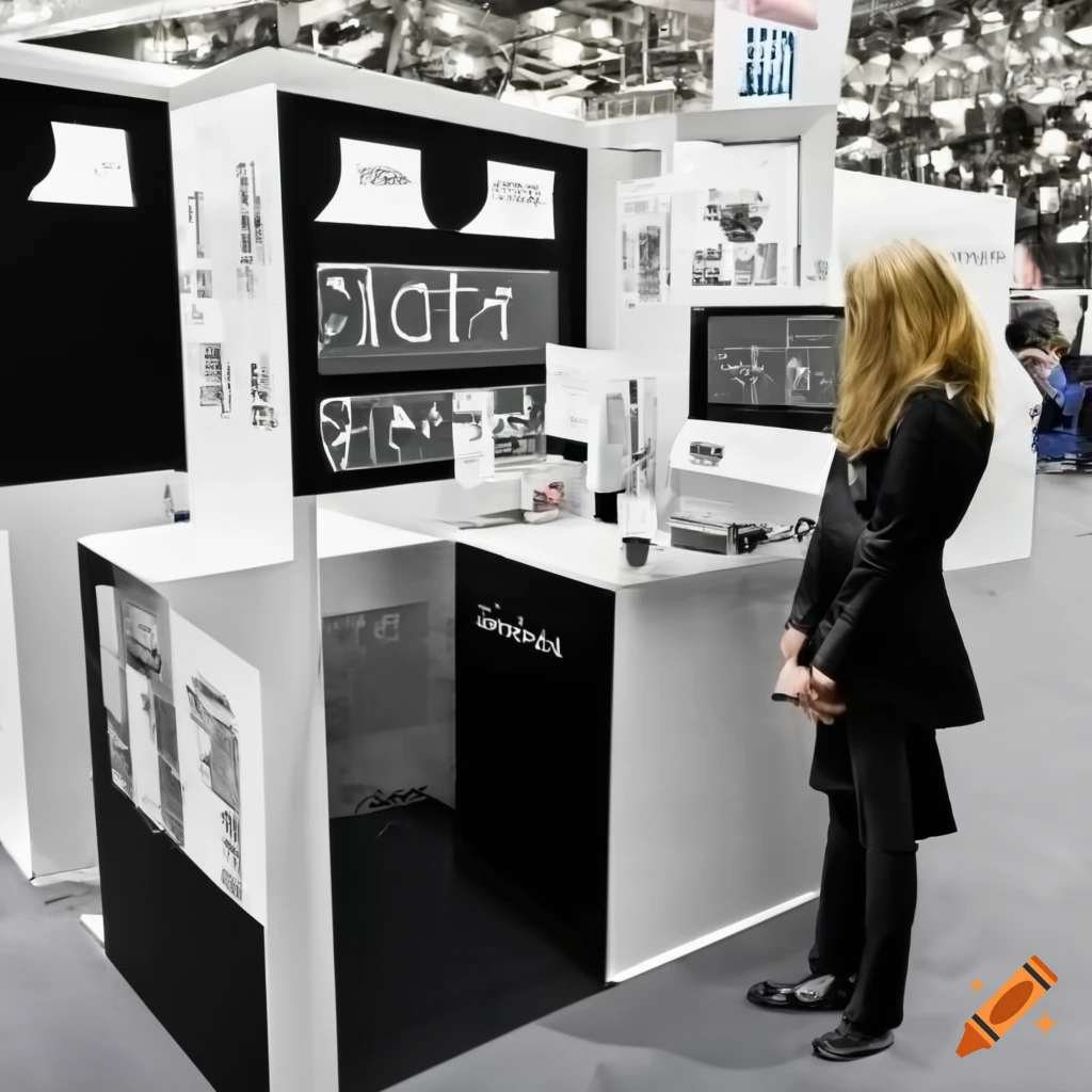 An image of internal cosmetic tech expo at a company building in which there are many tall-desk ...