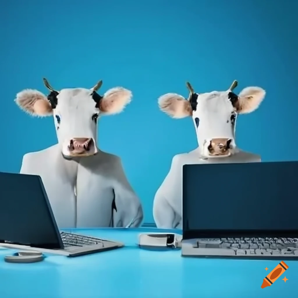 Three blue cows working on computers, inside a blue office on Craiyon